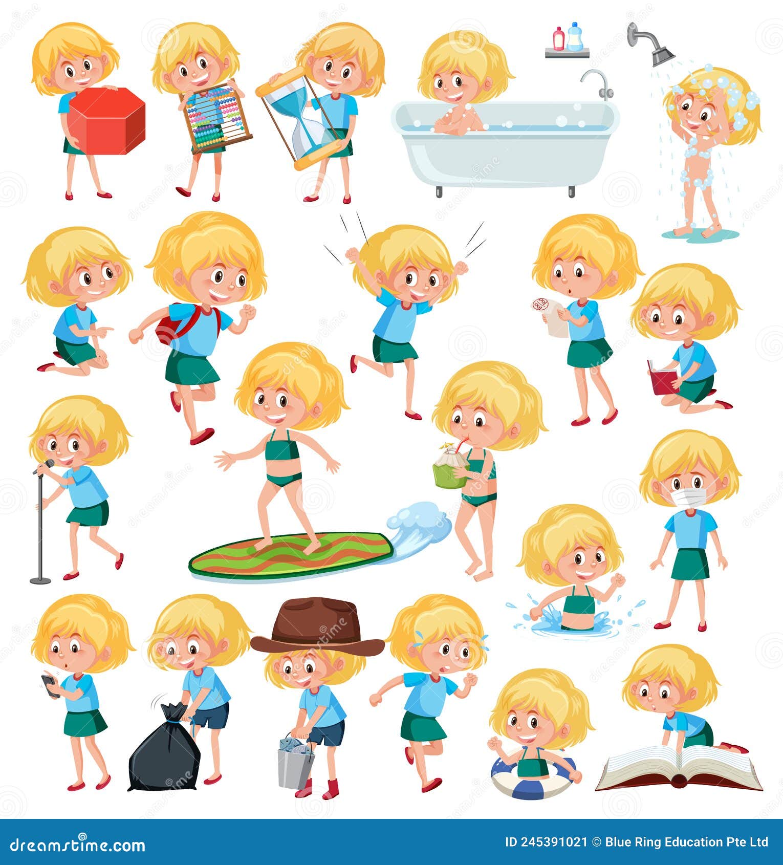 Set of Girls Doing Activitys on White Background Stock Vector ...