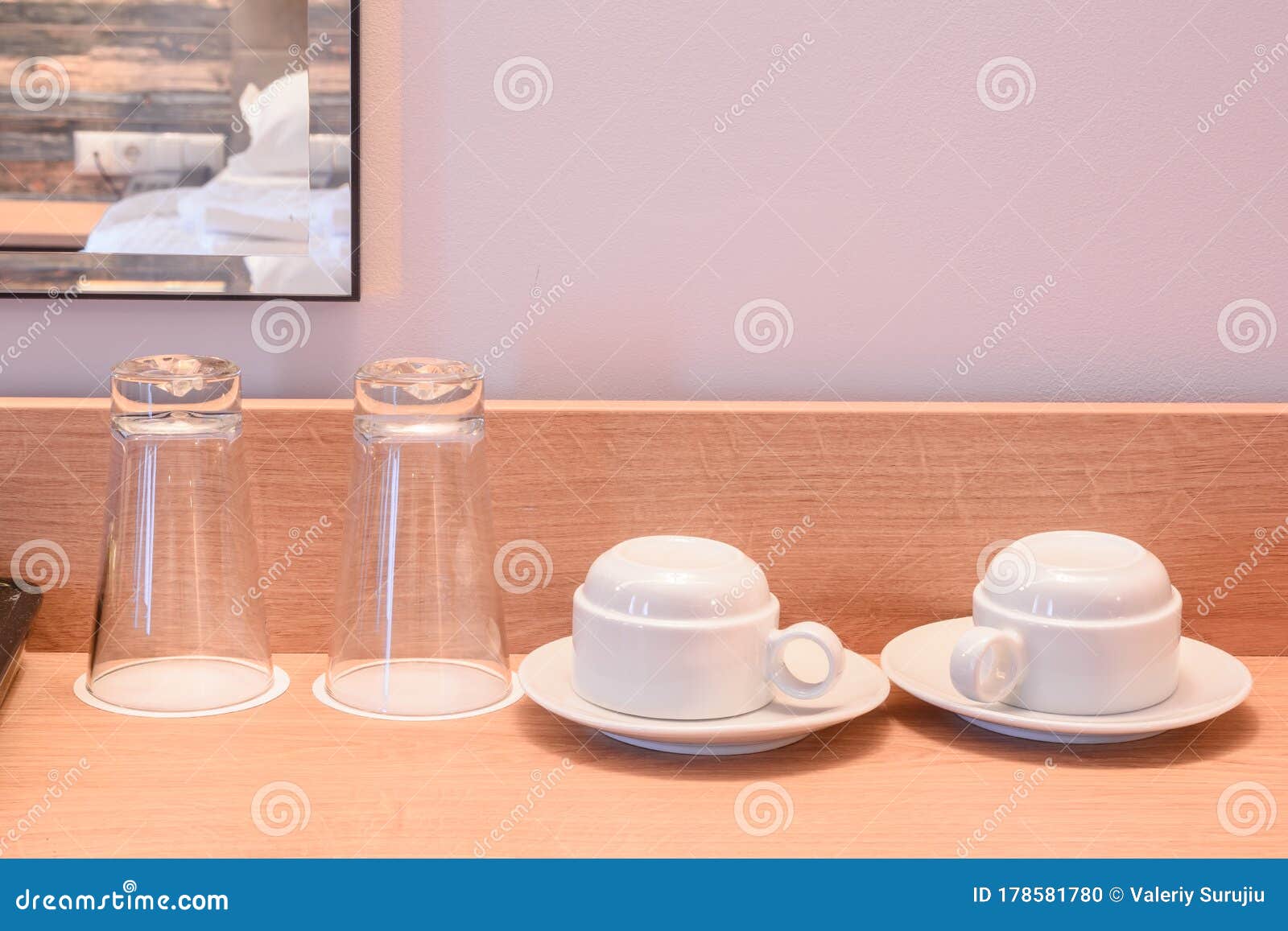 Set of cups in hotel room stock photo. Image of black - 178581780