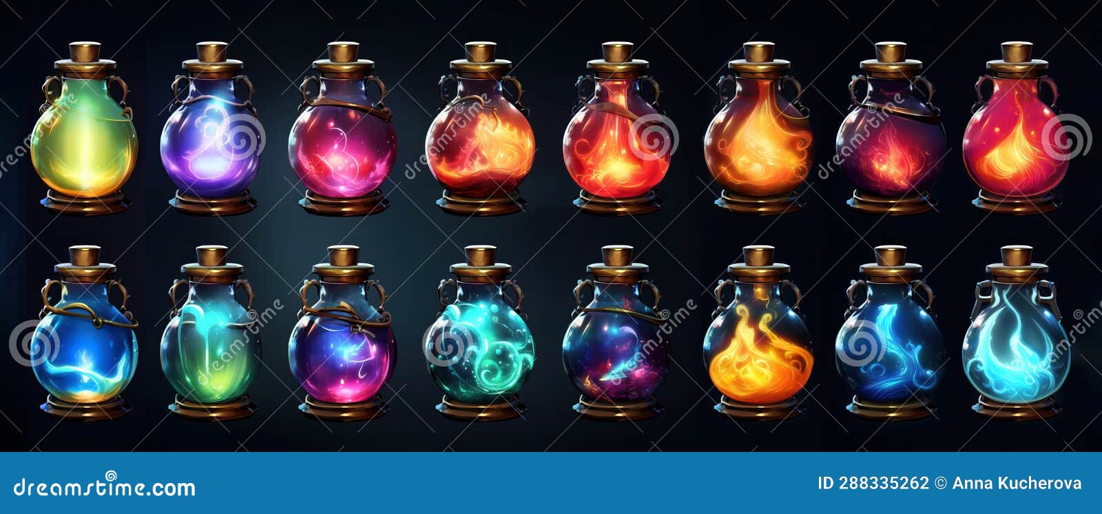 Set of Glass Flasks Containing Glowing Magic Potions of Different ...