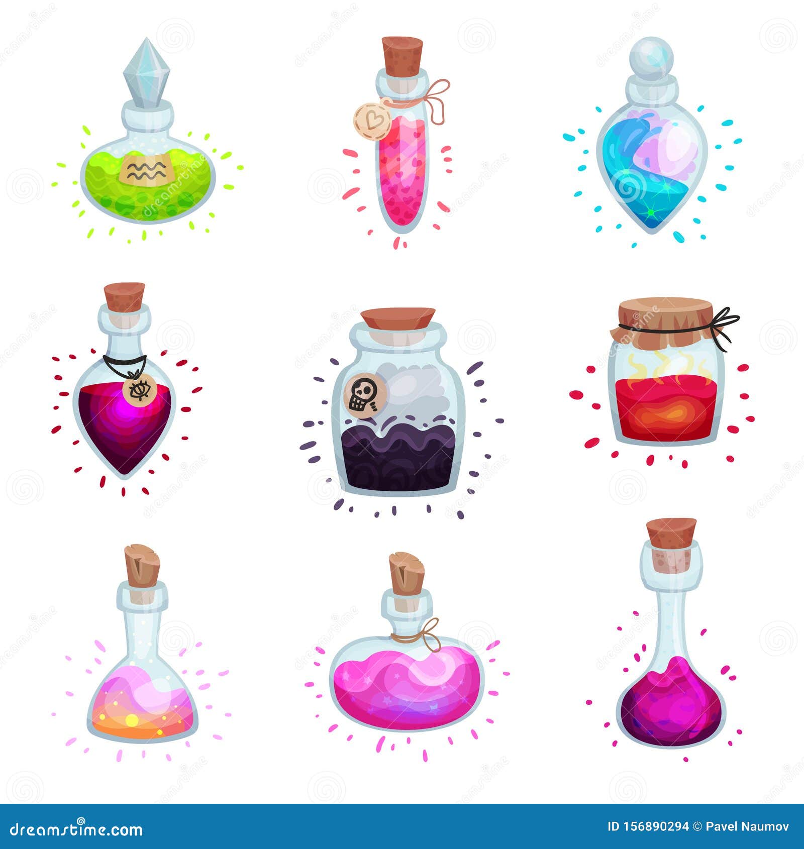 Set Of Glass Flasks With Potions. Vector Illustration On A White ...