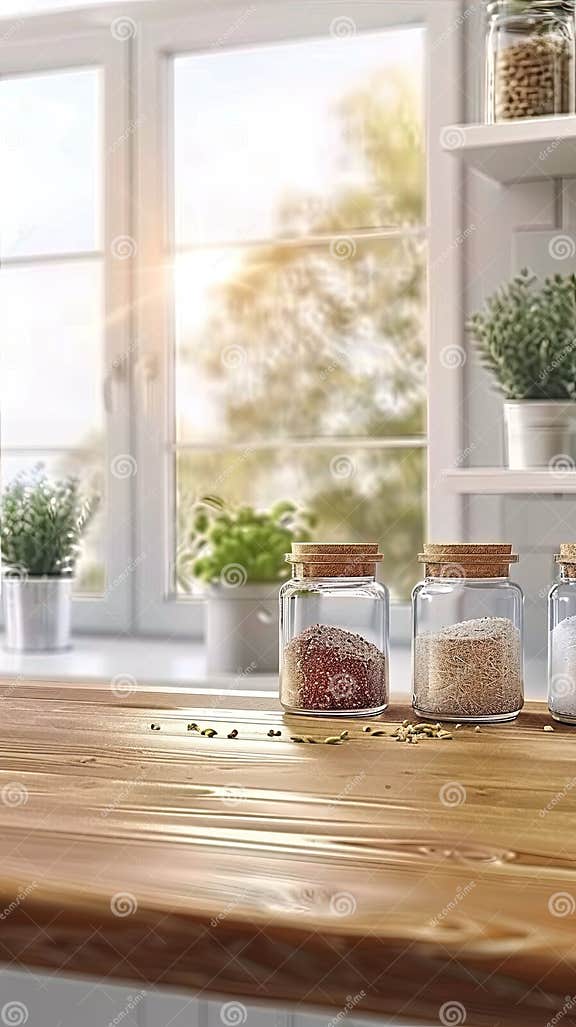 A Set of Glass Jars with Different Types and Sizes of Grain on a Table ...