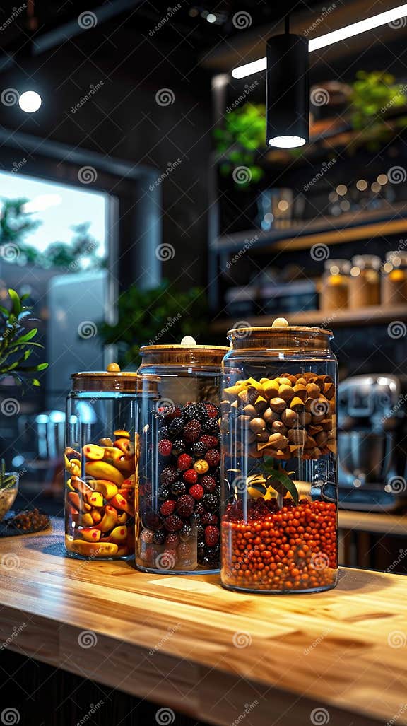 A Set of Glass Jars with Different Types and Sizes of Grain on a Table ...