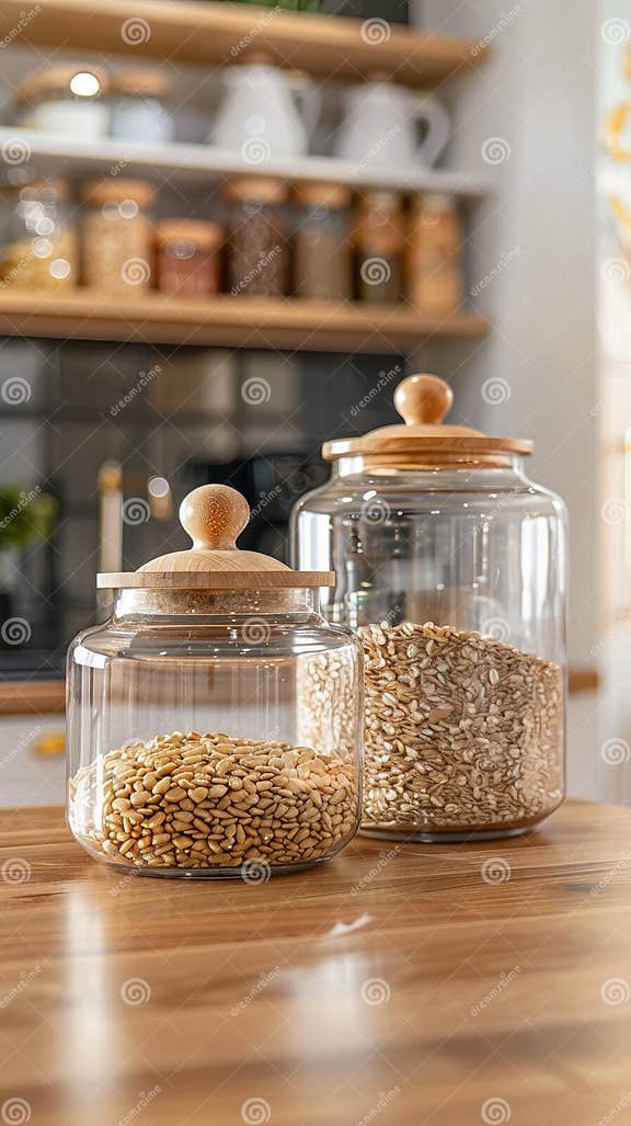 A Set of Glass Jars with Different Types and Sizes of Grain on a Table ...
