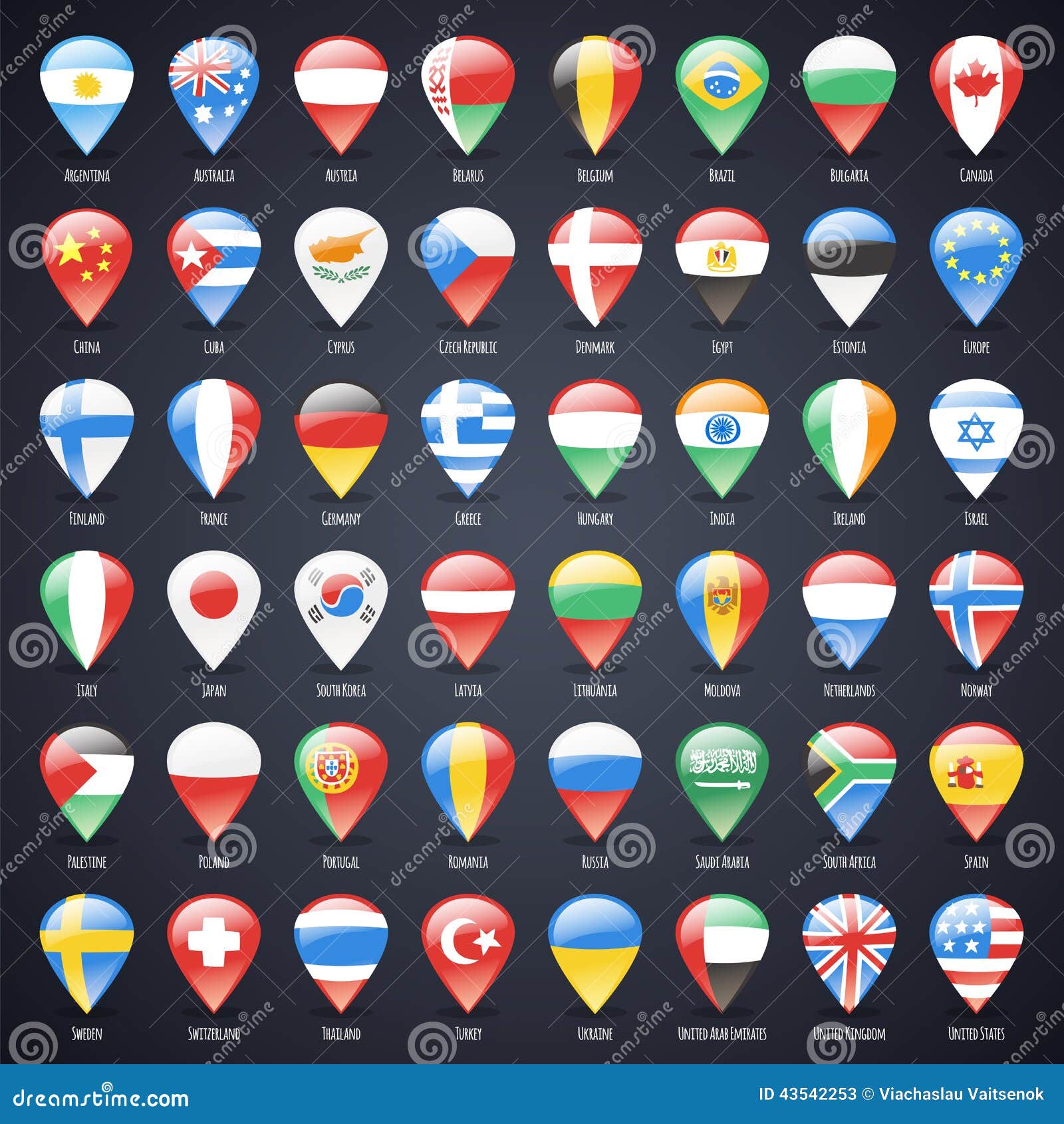 Set of Glass Map Pointers with World States Flags Stock Vector ...