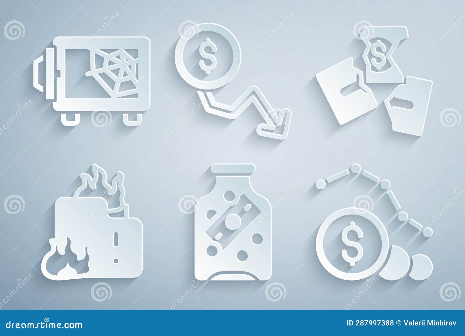 Set Glass Money Jar with Coin, Tearing Banknote, Fire Burning House, Dollar Rate Decrease, and ...