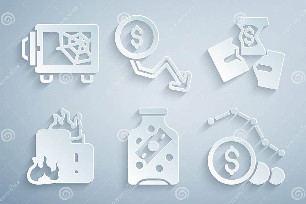 Set Glass Money Jar with Coin, Tearing Banknote, Fire Burning House, Dollar Rate Decrease, and ...