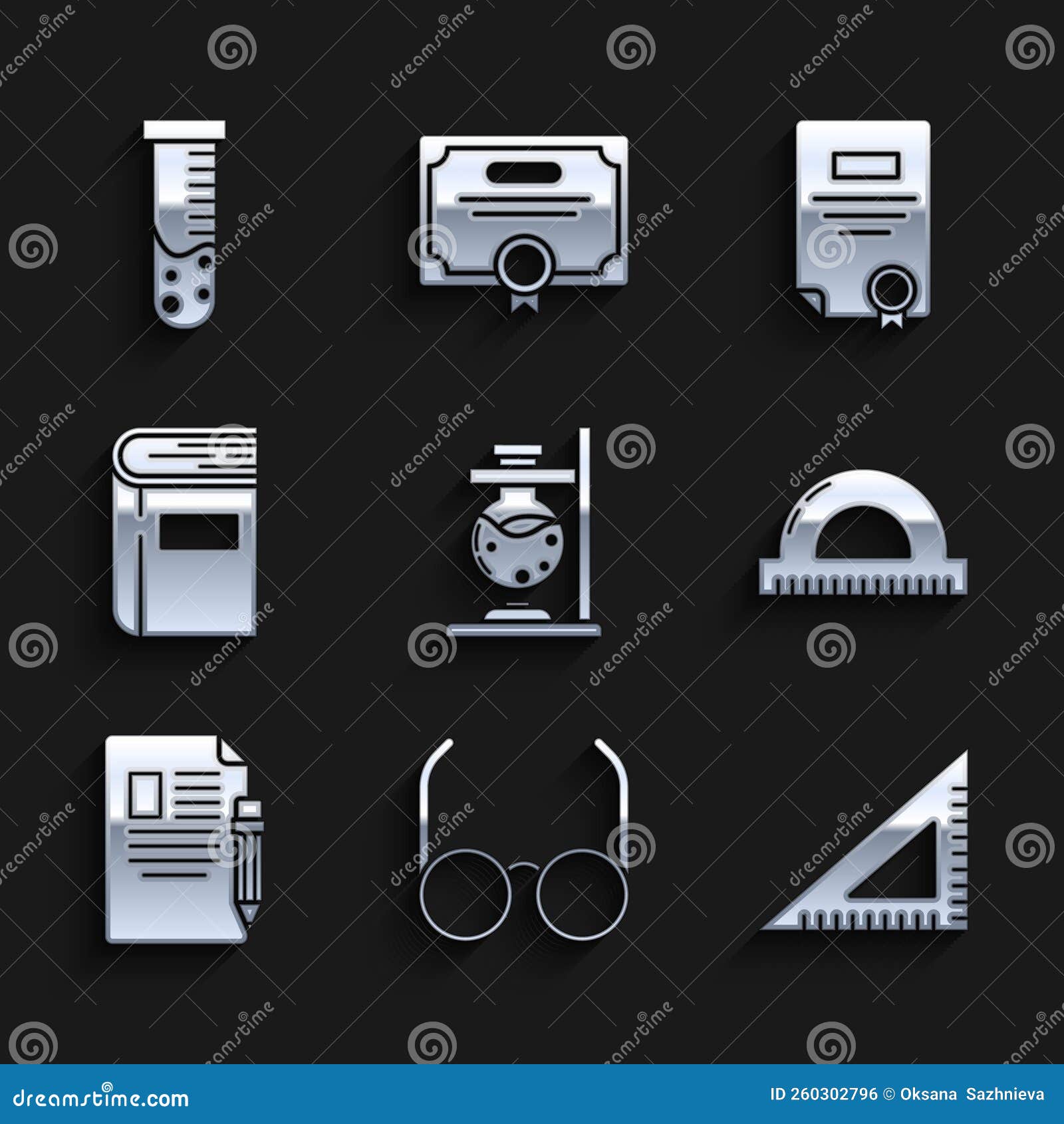 Set Glass Test Tube Flask on Fire, Triangular Ruler, Protractor Grid ...