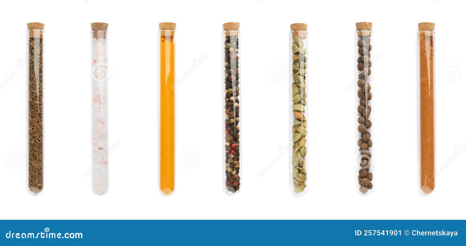 Set of Glass Tubes with Different Spices on White Background, Top View ...