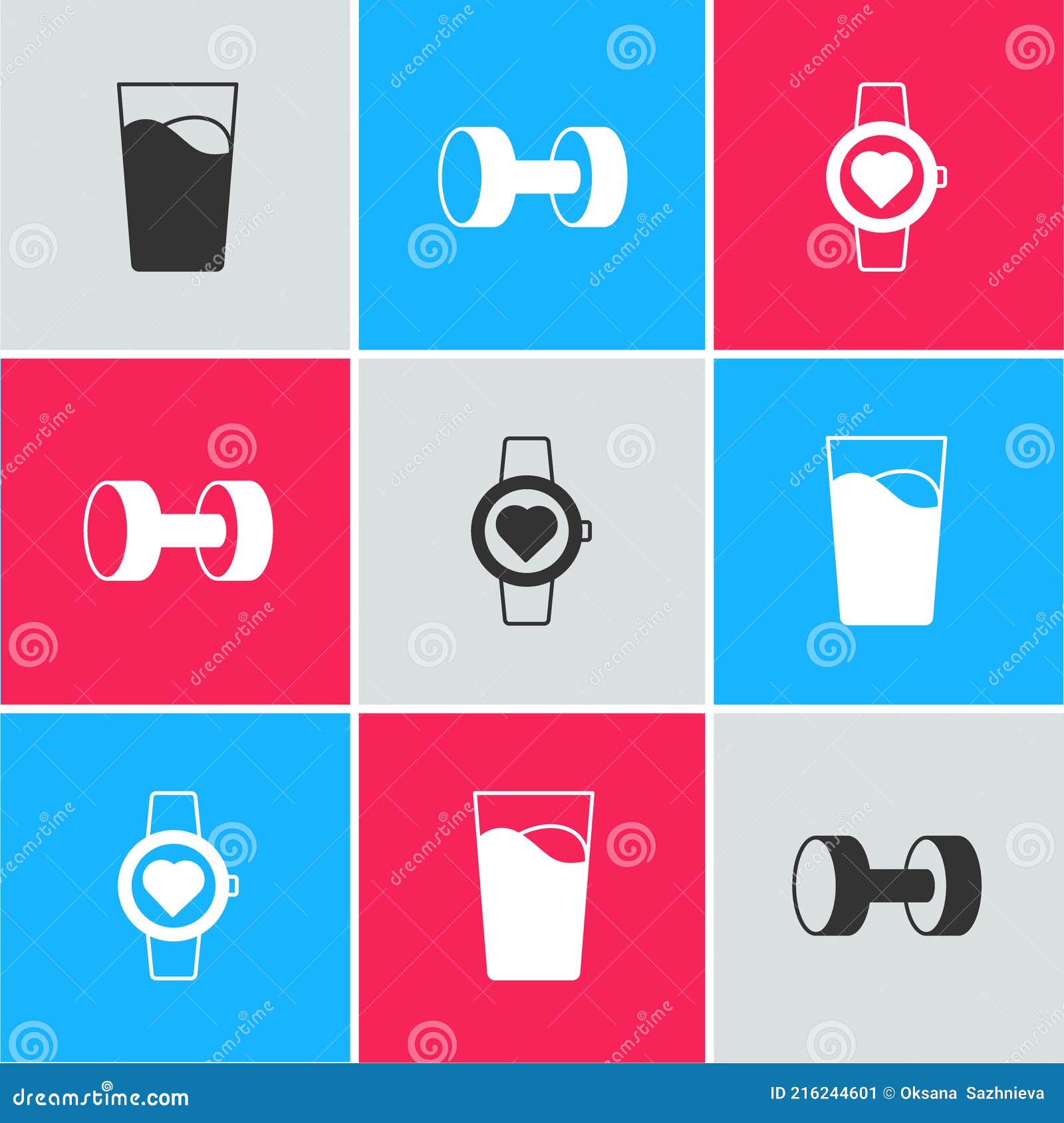 Set Glass with Water Dumbbell and Smart Watch Icon. Vector Ilustración ...
