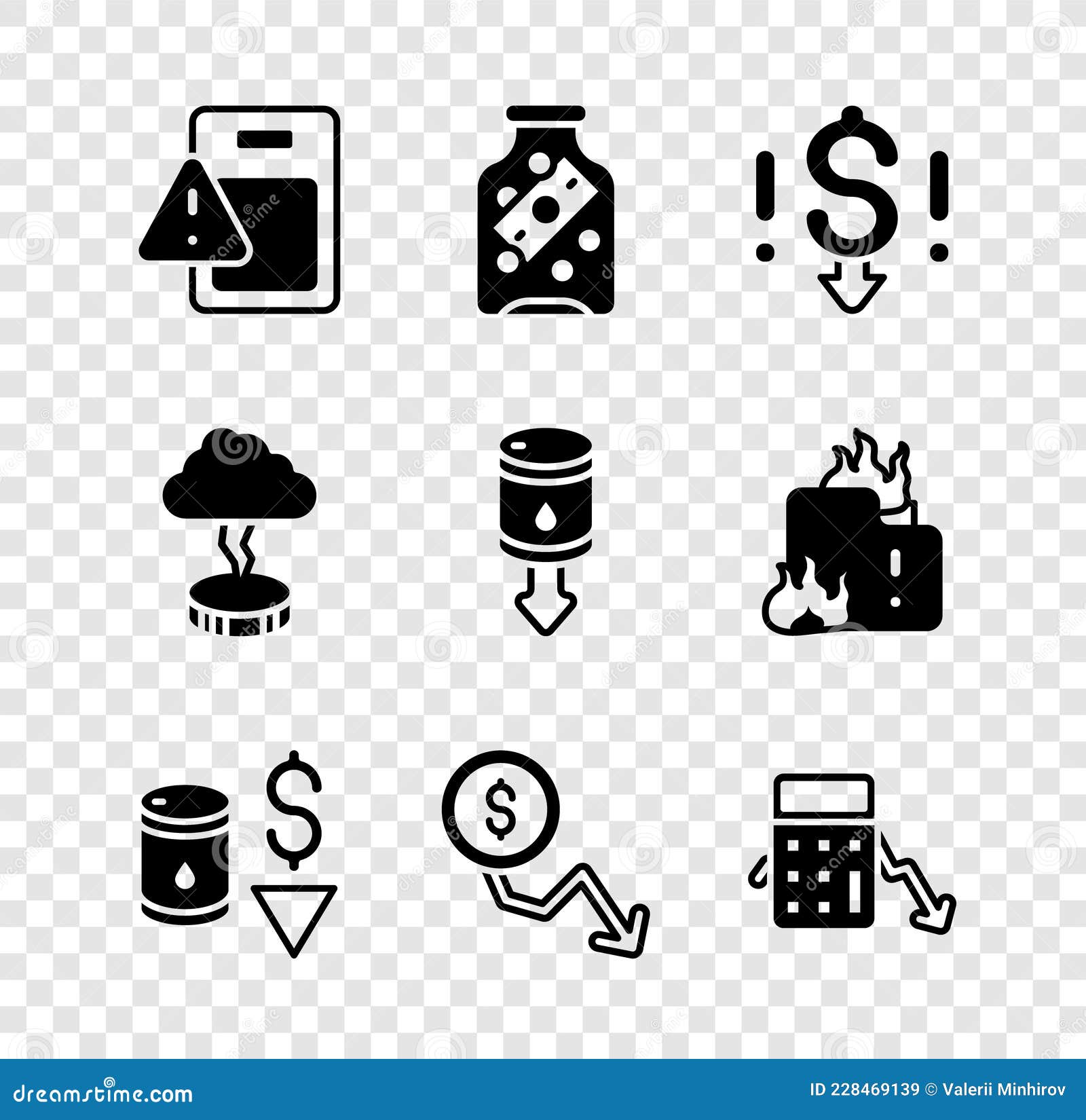 Set Global Economic Crisis, Glass Money Jar with Coin, Dollar Rate Decrease, Drop Crude Oil ...