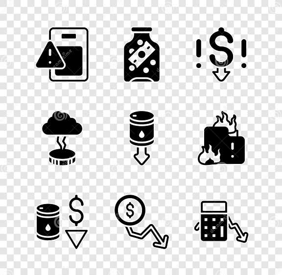 Set Global Economic Crisis, Glass Money Jar with Coin, Dollar Rate Decrease, Drop Crude Oil ...