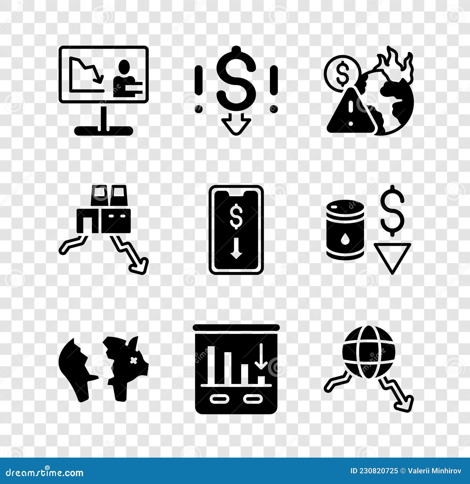 Set Global Economic Crisis News, Dollar Rate Decrease, Broken Piggy Bank, Pie Chart Infographic ...