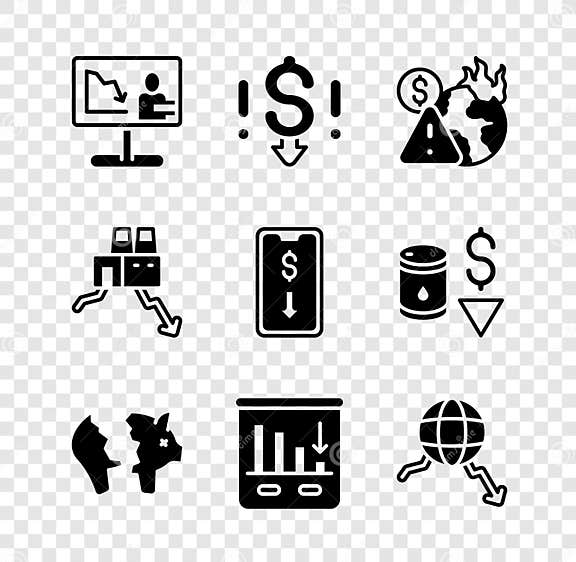 Set Global Economic Crisis News, Dollar Rate Decrease, Broken Piggy Bank, Pie Chart Infographic ...