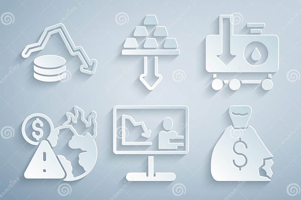 Set Global Economic Crisis News, Drop in Crude Oil Price, Money Bag, Gold Bars and Dollar Rate ...