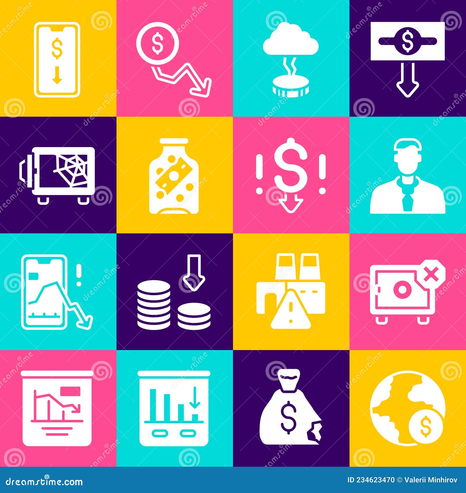 Set Safe, Worker, Dollar Rate Decrease, Money Bag, Drop In Crude Oil Price, And Calculation Of ...