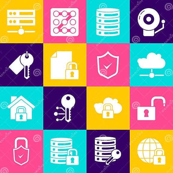 Set Global Lockdown, Open Padlock, Network Cloud Connection, Server, Data, Web Hosting, Document ...