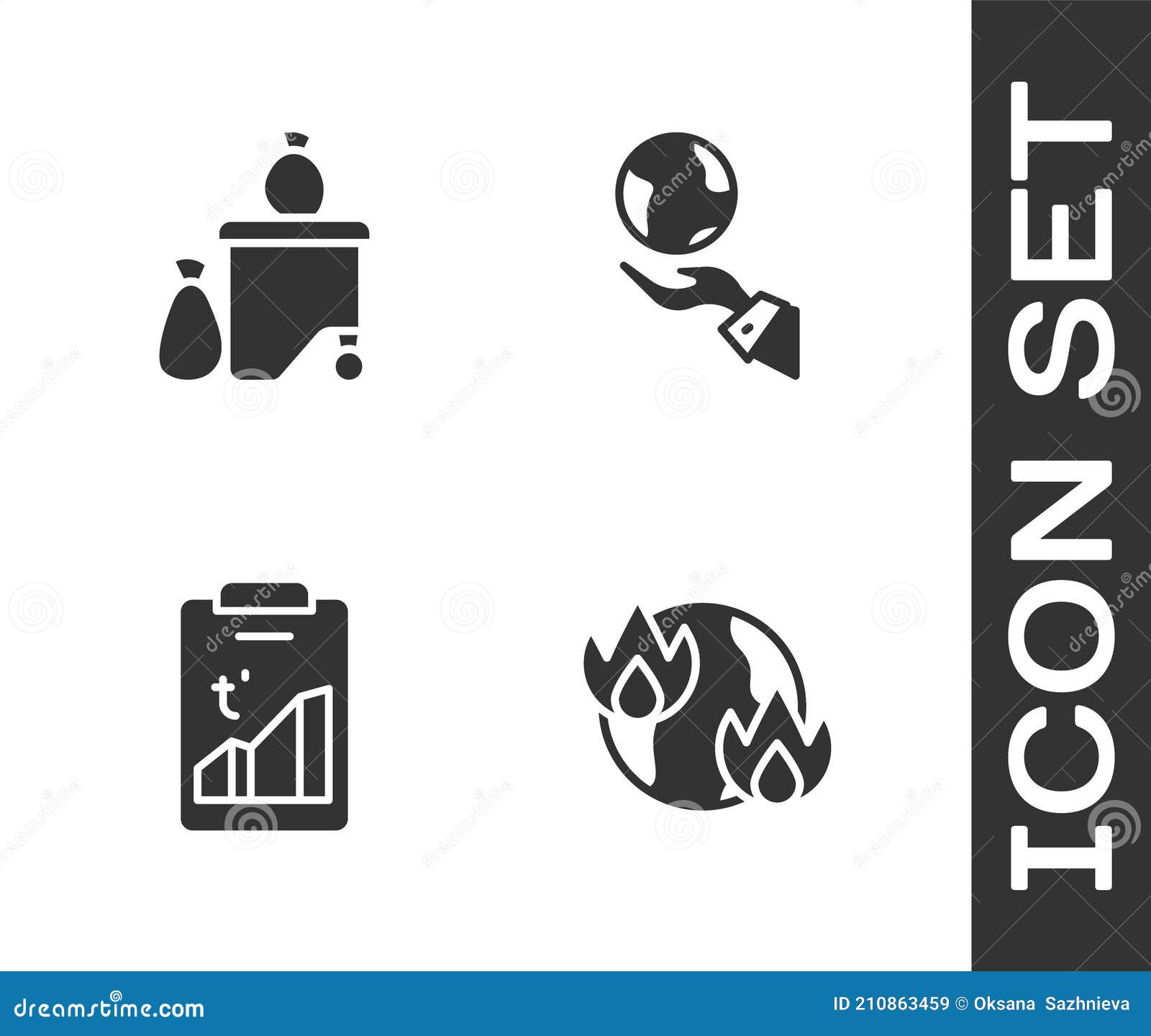 Set Global Warming Fire, Full Dustbin, and Hands Holding Earth Globe ...