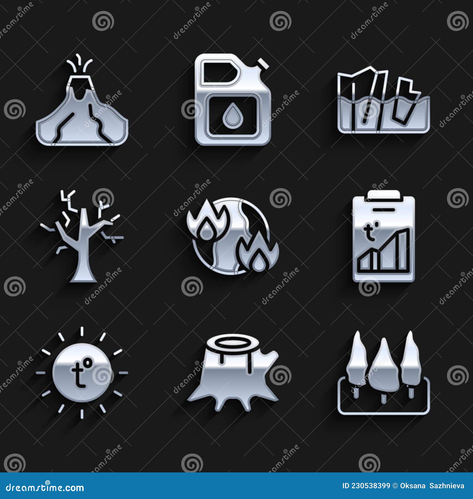 Set Global Warming Fire, Tree Stump, Forest, Sun, Withered Tree ...