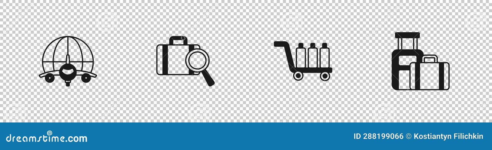 Set Globe with Flying Plane, Lost Baggage, Trolley and Suitcase Icon ...