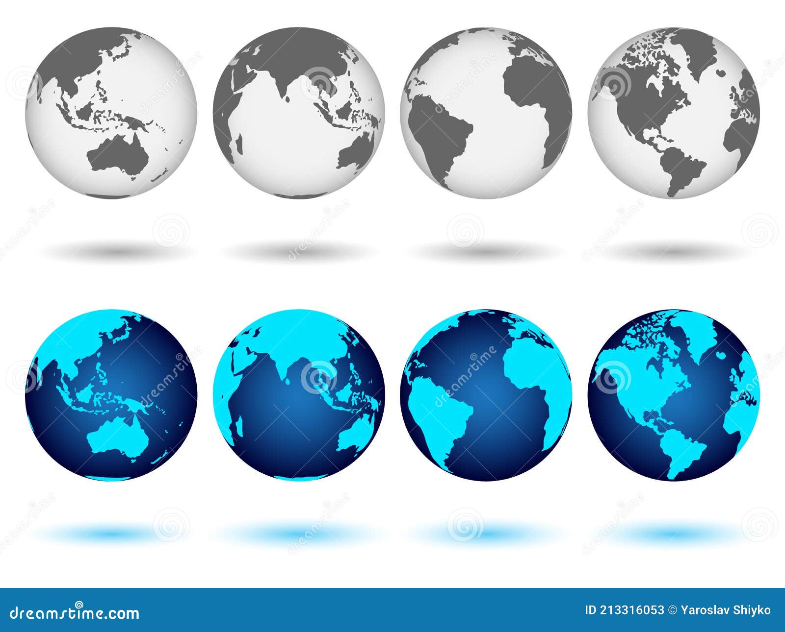 Set of Globes of Earth in Blue and Monochrome Colors. Realistic World ...