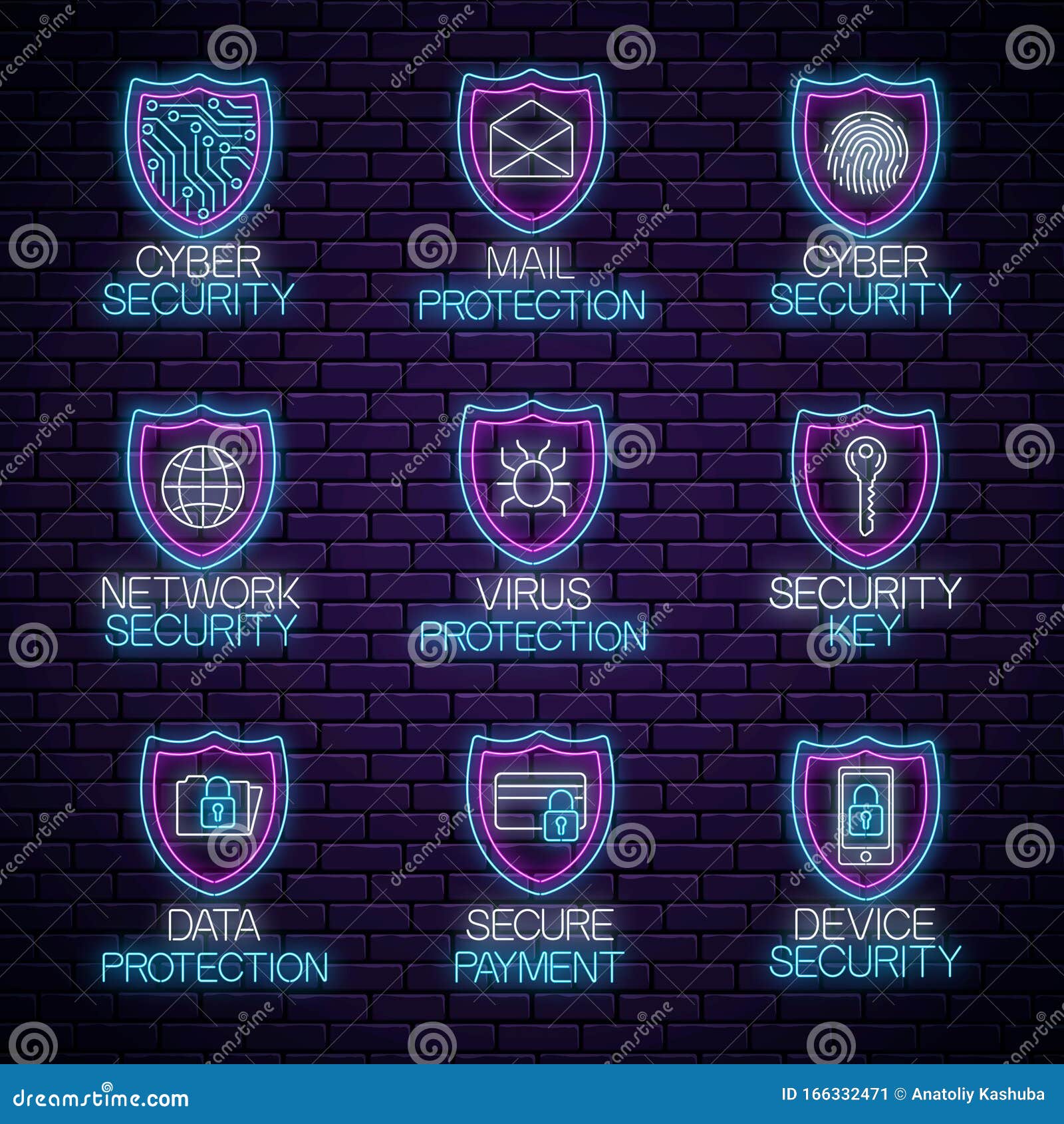 Set of Glow Neon Computer Secure Technology Signs. Internet Protection ...