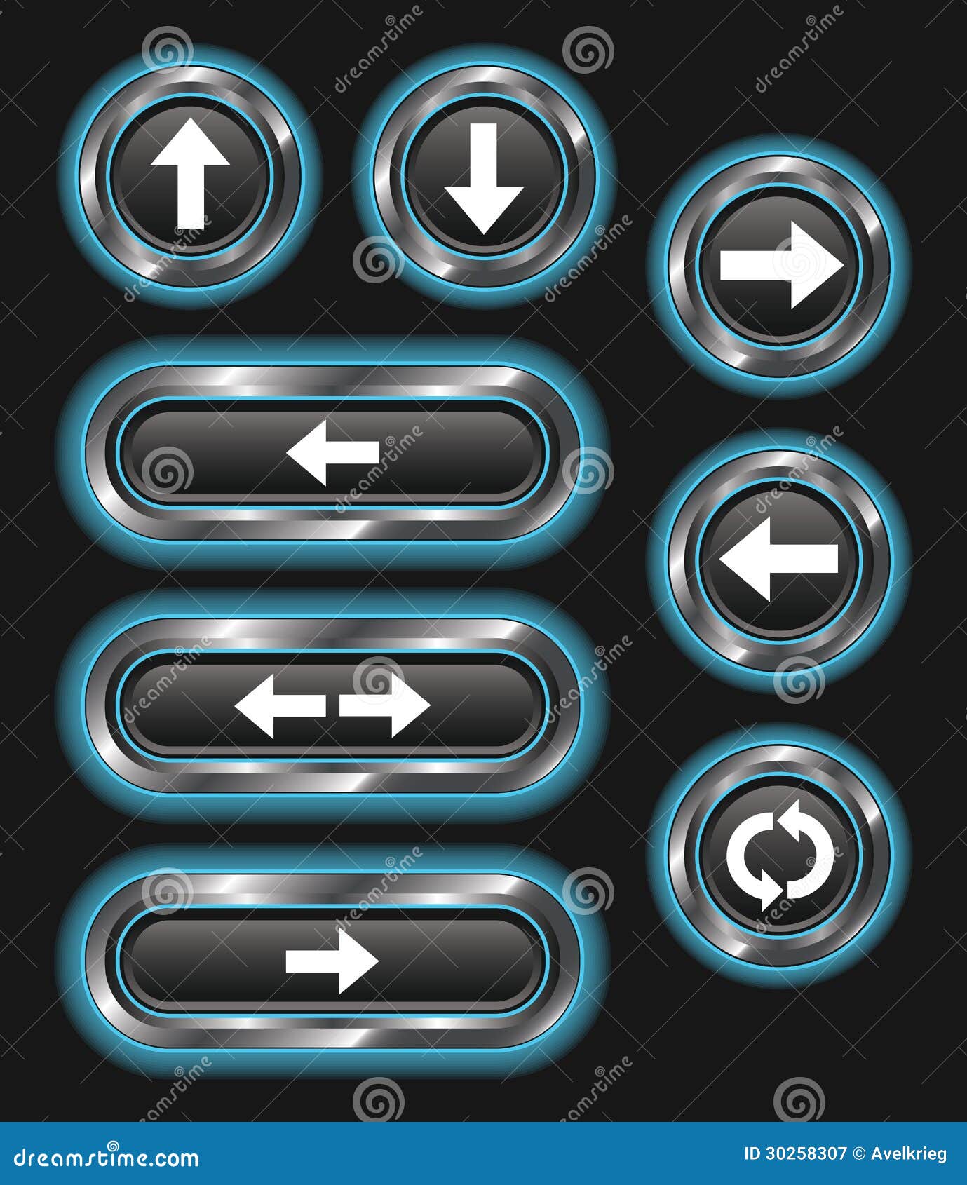 Blue Glowing Metallic Arrow Buttons Stock Vector - Illustration of blue ...