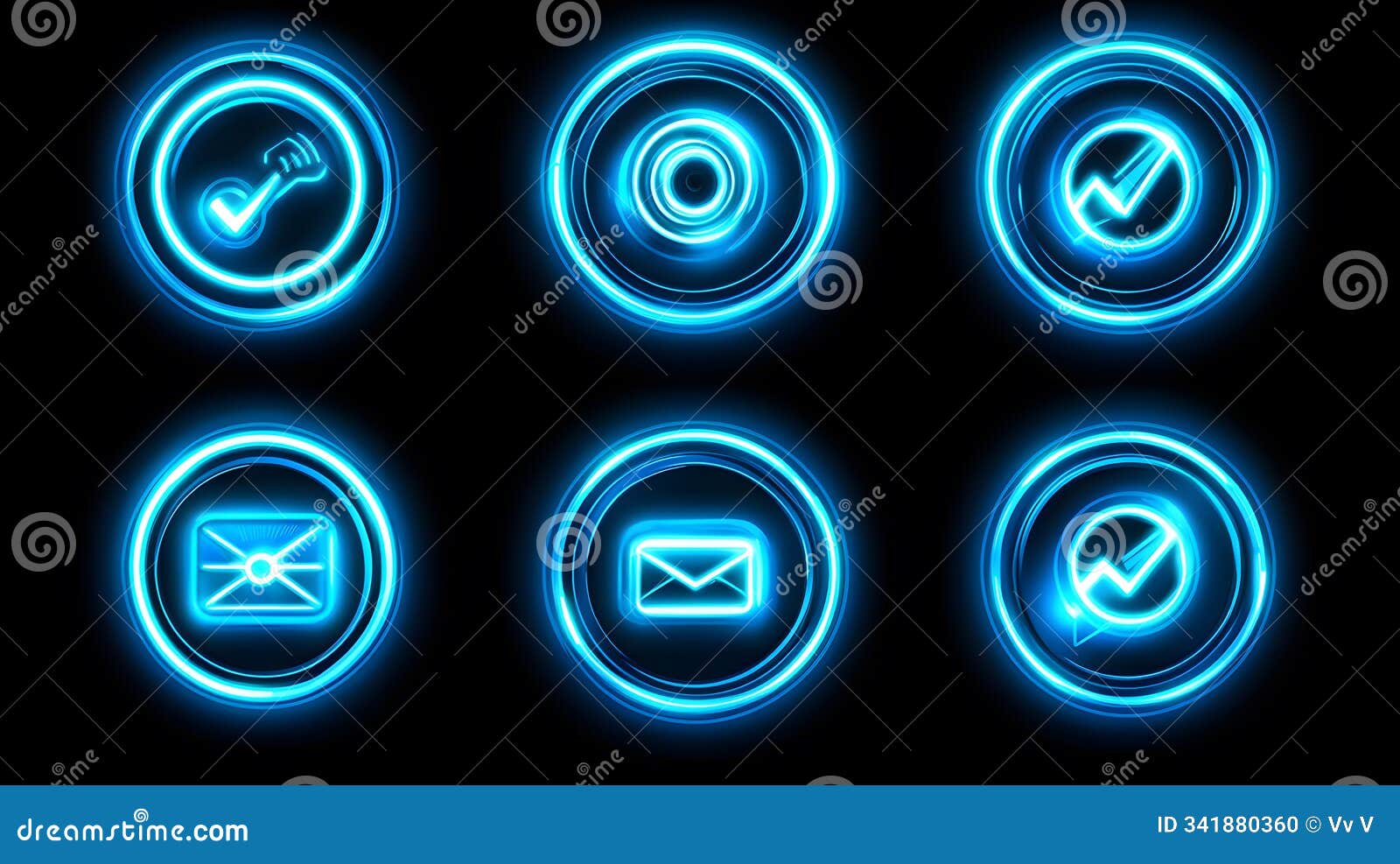 Set of Glowing Blue Neon Icons on Dark Background Stock Photo - Image ...
