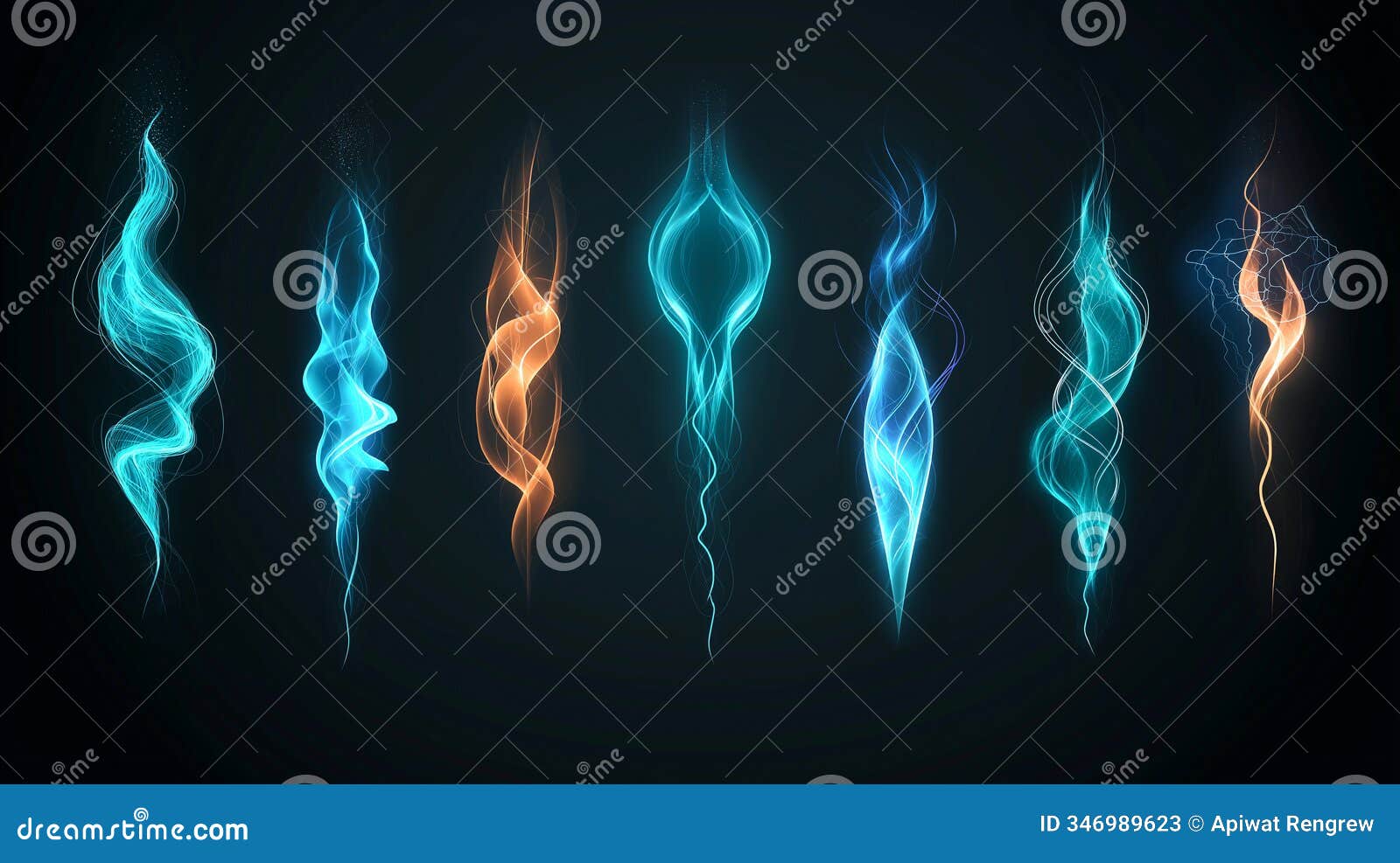 Set of Glowing Blue and Orange Lightning and Thunder Shapes on Dark ...