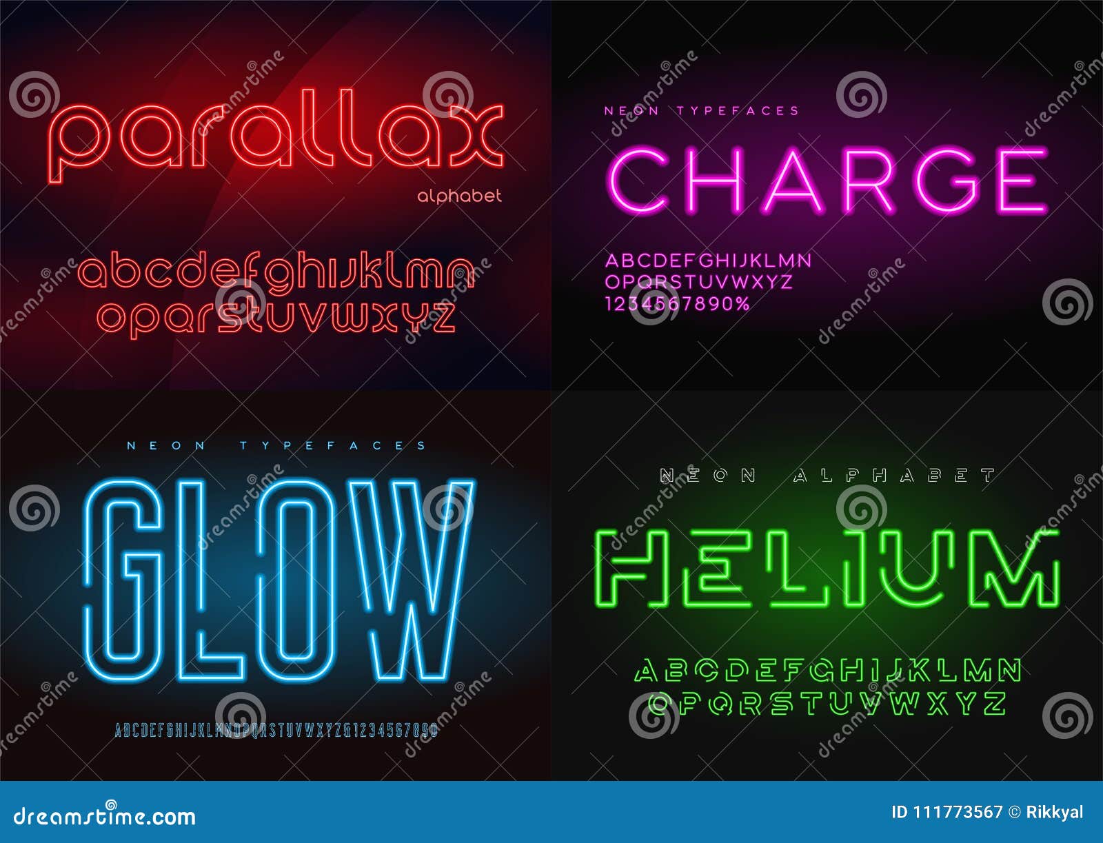 Set of Glowing Neon Vector Typefaces, Alphabets, Letters, Fonts, Stock ...
