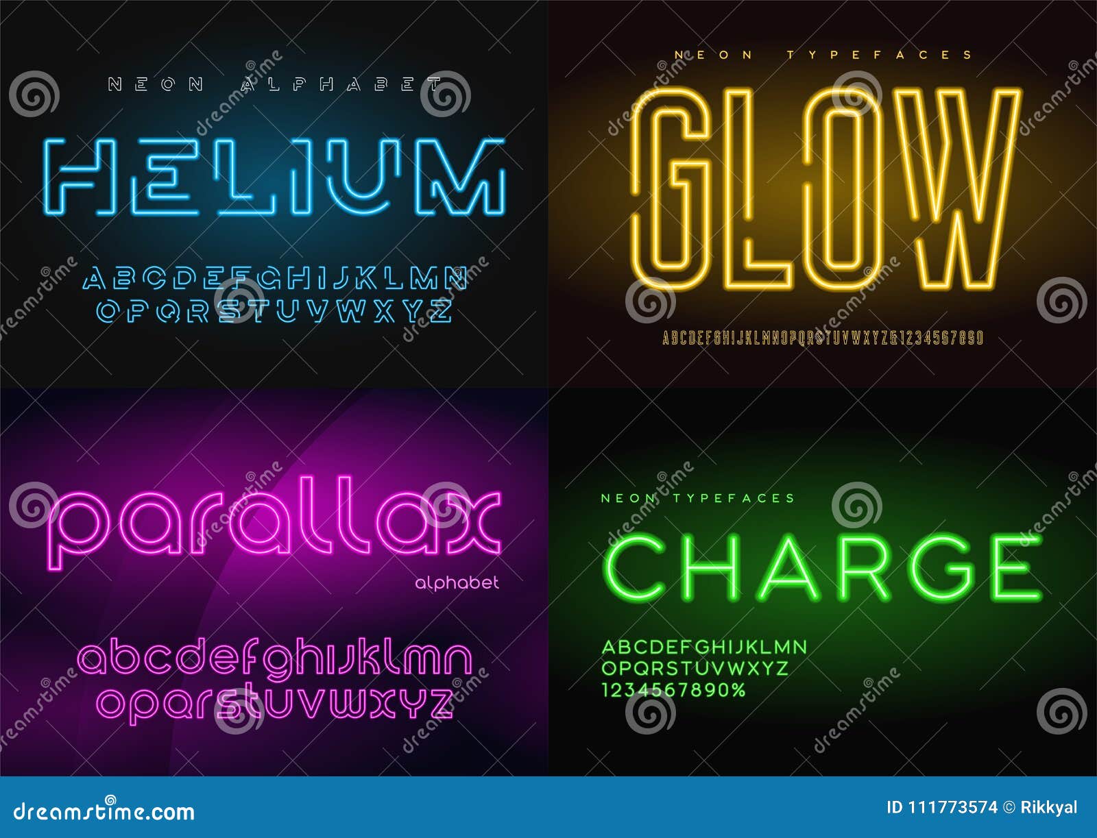 Set of Glowing Neon Vector Typefaces, Alphabets, Letters, Fonts, Stock ...