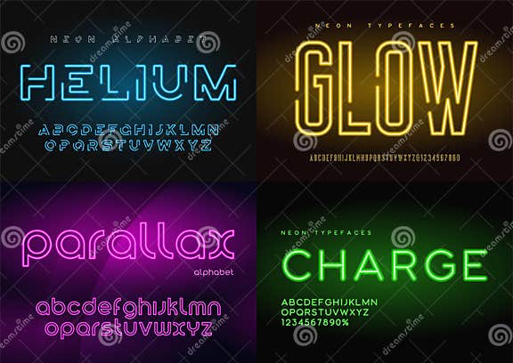 Set of Glowing Neon Vector Typefaces, Alphabets, Letters, Fonts, Stock ...