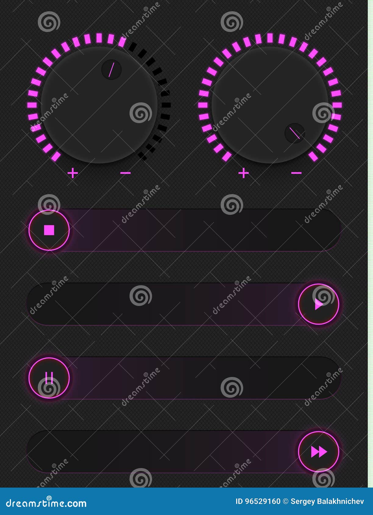Set of Glowing Purple Buttons and Sliders. Neon Style. Control User ...