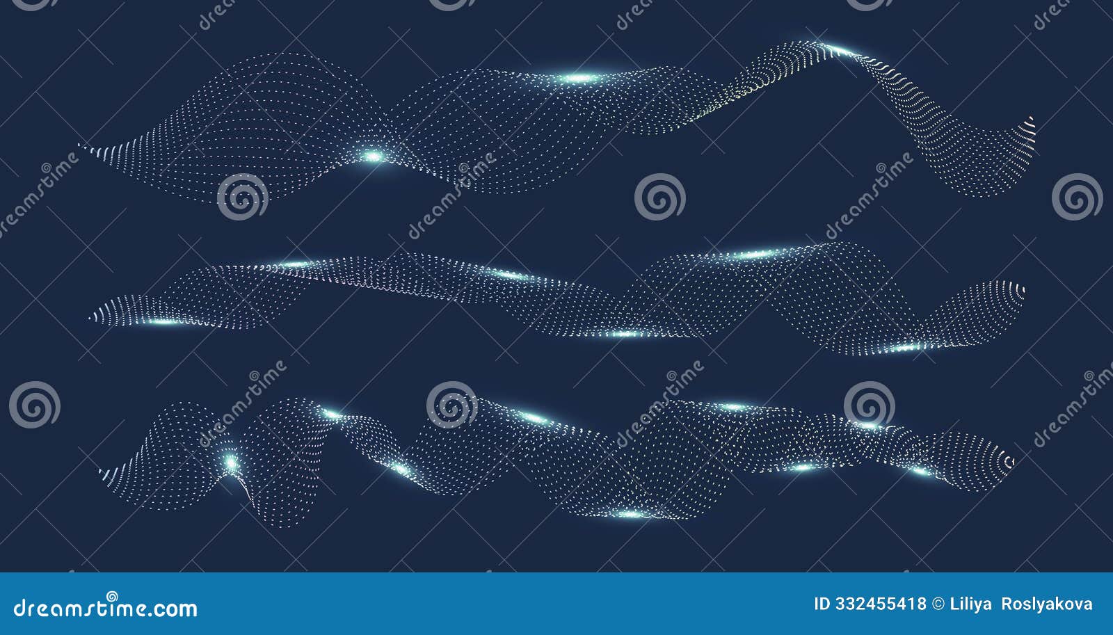 Set of Glowing Sound Waves, Abstract Fluid Shapes, Dotted Liquid ...