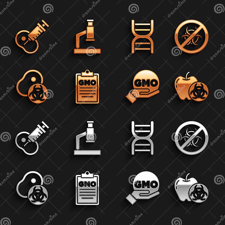 Set GMO, Stop, Genetically Modified Apple, Meat, DNA Symbol, and ...