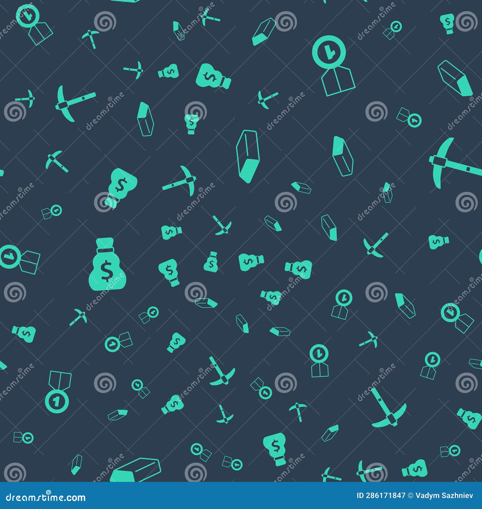 Set Gold Bars, Medal, Old Money Bag and Pickaxe on Seamless Pattern ...