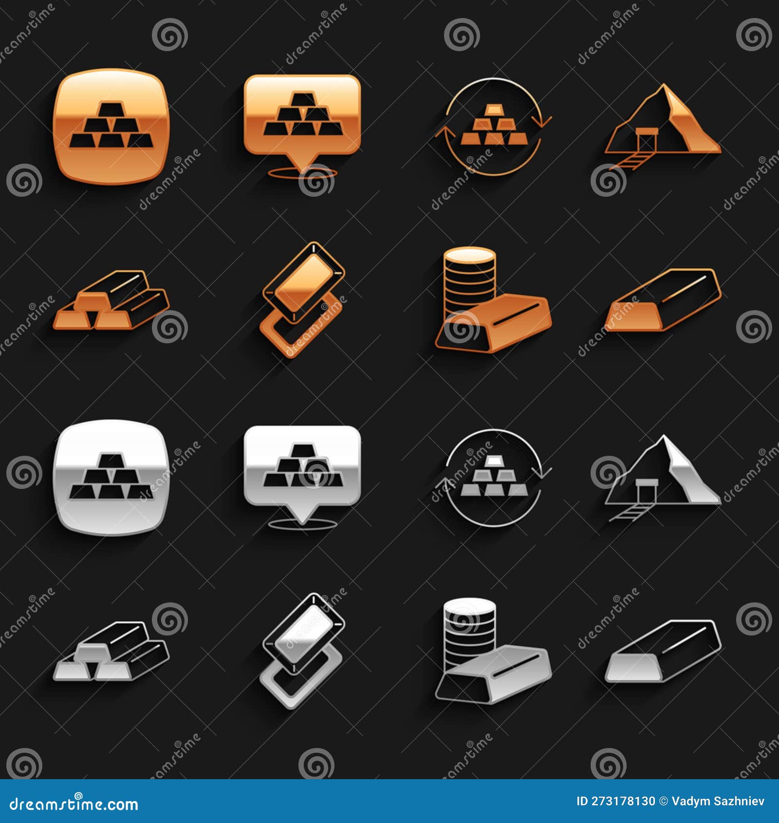 Set Gold Bars, Mine, Coin with Gold, Exchange Money, and Icon. Vector ...