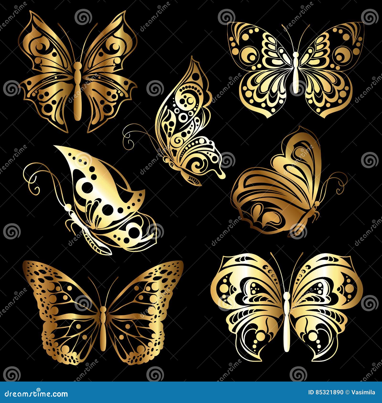 Set gold butterflies stock vector. Illustration of tattoo - 85321890