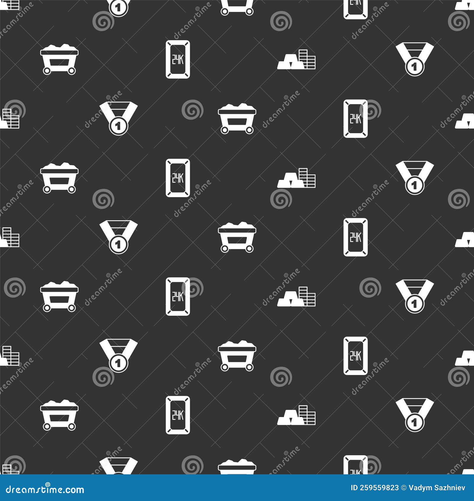 Set Gold Coin with Gold Bars, Medal, Mine Cart and 24k on Seamless ...