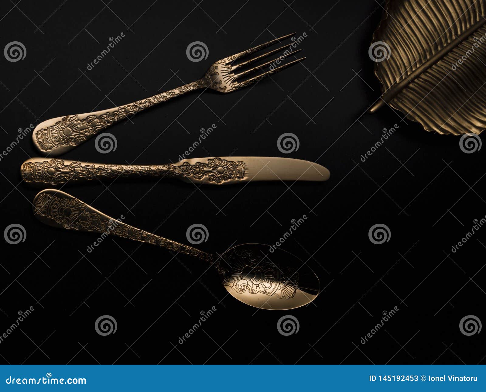 Set of Gold Cutlery with Table Accessory Stock Image - Image of meal ...