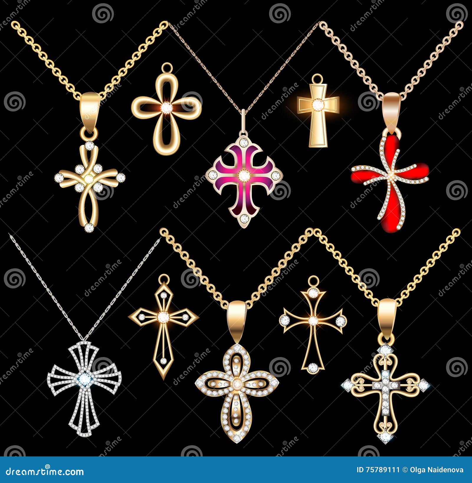 Set Gold and Silver Cross Pendant with Gems Stock Vector - Illustration ...