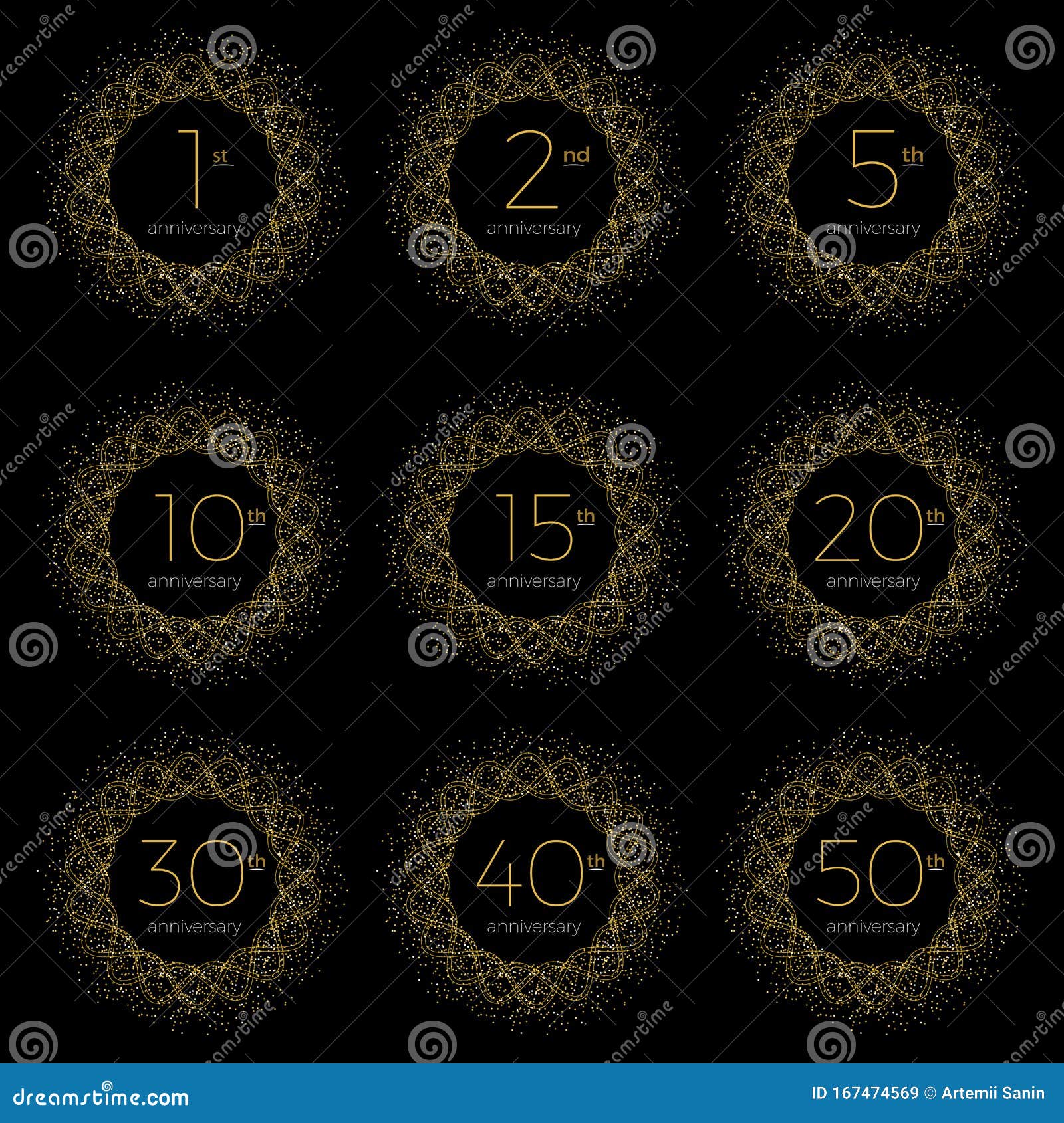 Set of Golden Anniversary Shining Emblems Stock Vector - Illustration ...