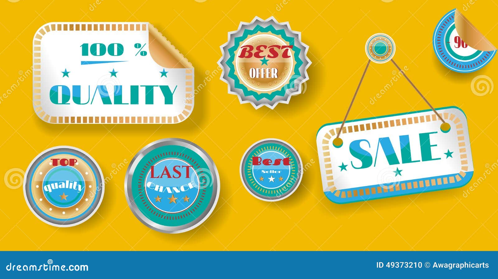 Set of Golden, Blue Stickers with Text on Yellow Stock Vector ...