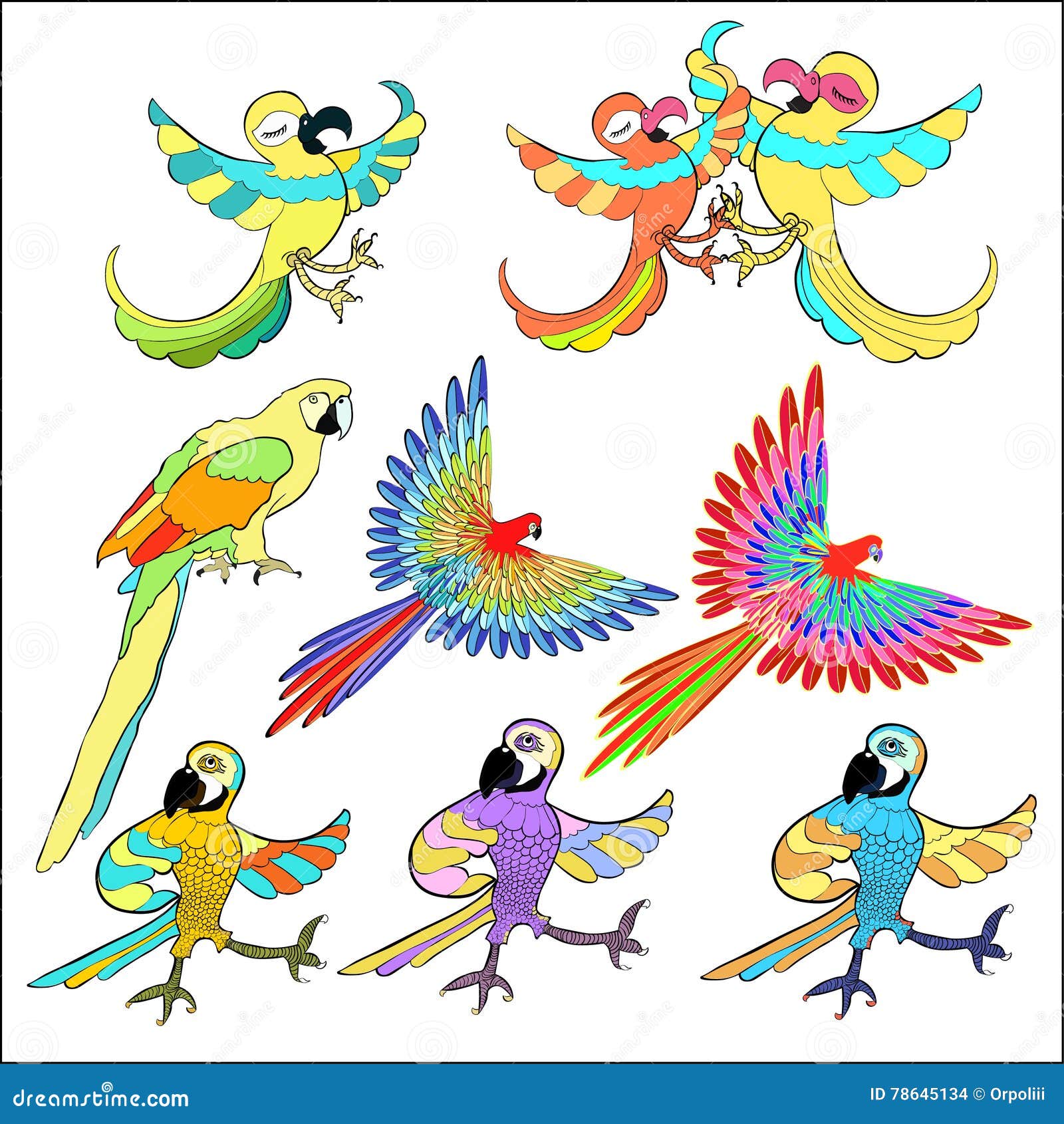 Set of Golden Caribbean Parrot Dancing. Vector Illustration Stock ...