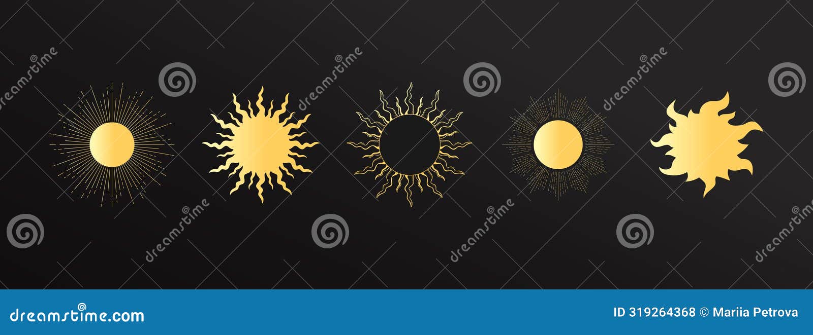 Set of Golden Celestial Sun Symbols. Various Shaped Suns. Celestial ...