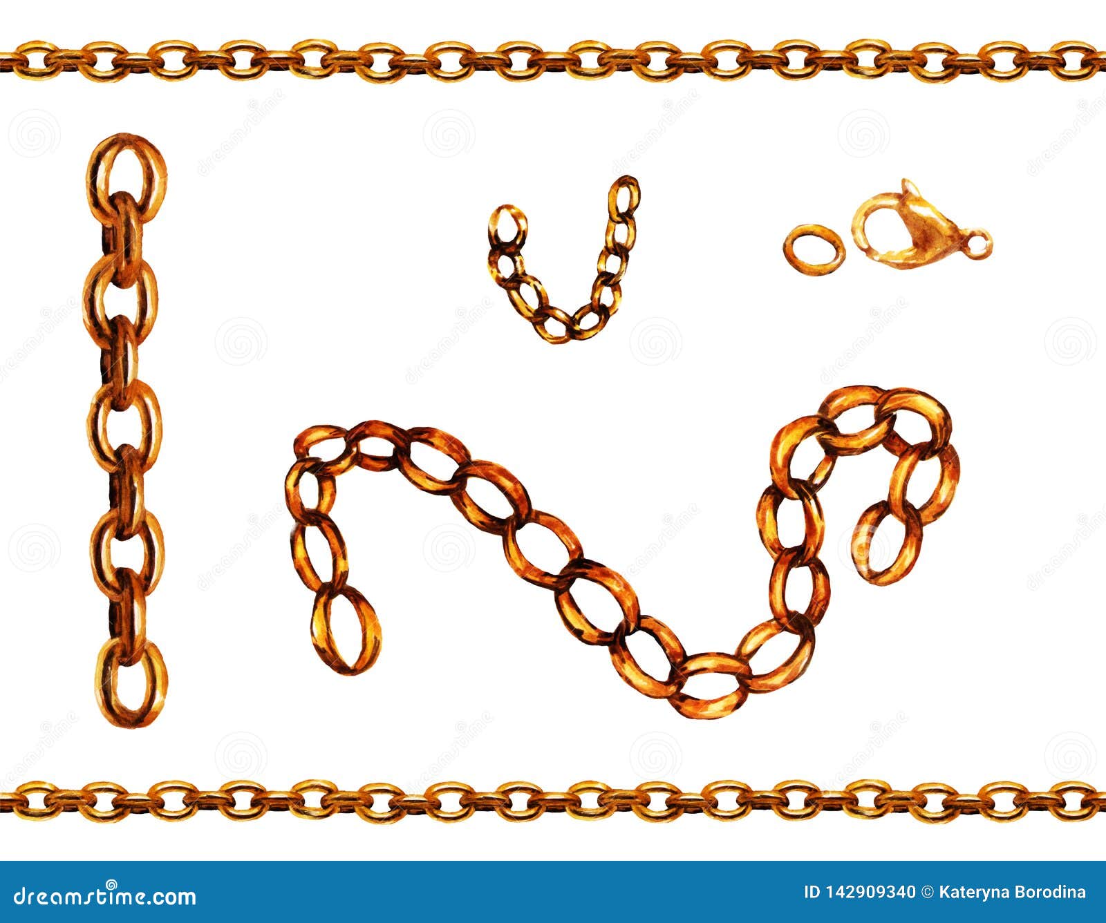 Set of Golden Chain Elements on a White Background Watercolor ...