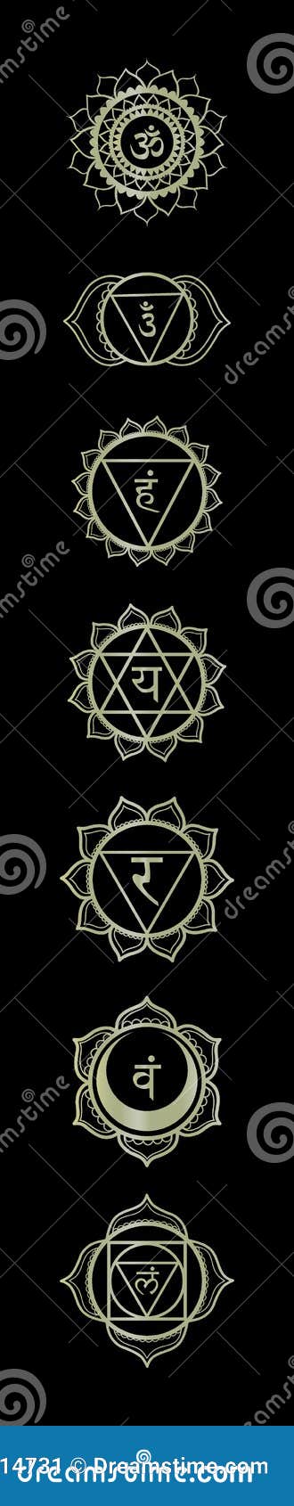 Set of Golden Chakras on Black Background. Esoteric Decorative Elements ...