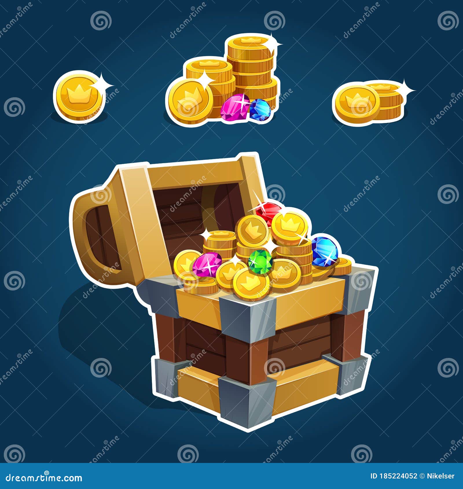 Set of Golden Coins in Chest for Game Interface. Vector Illustration ...