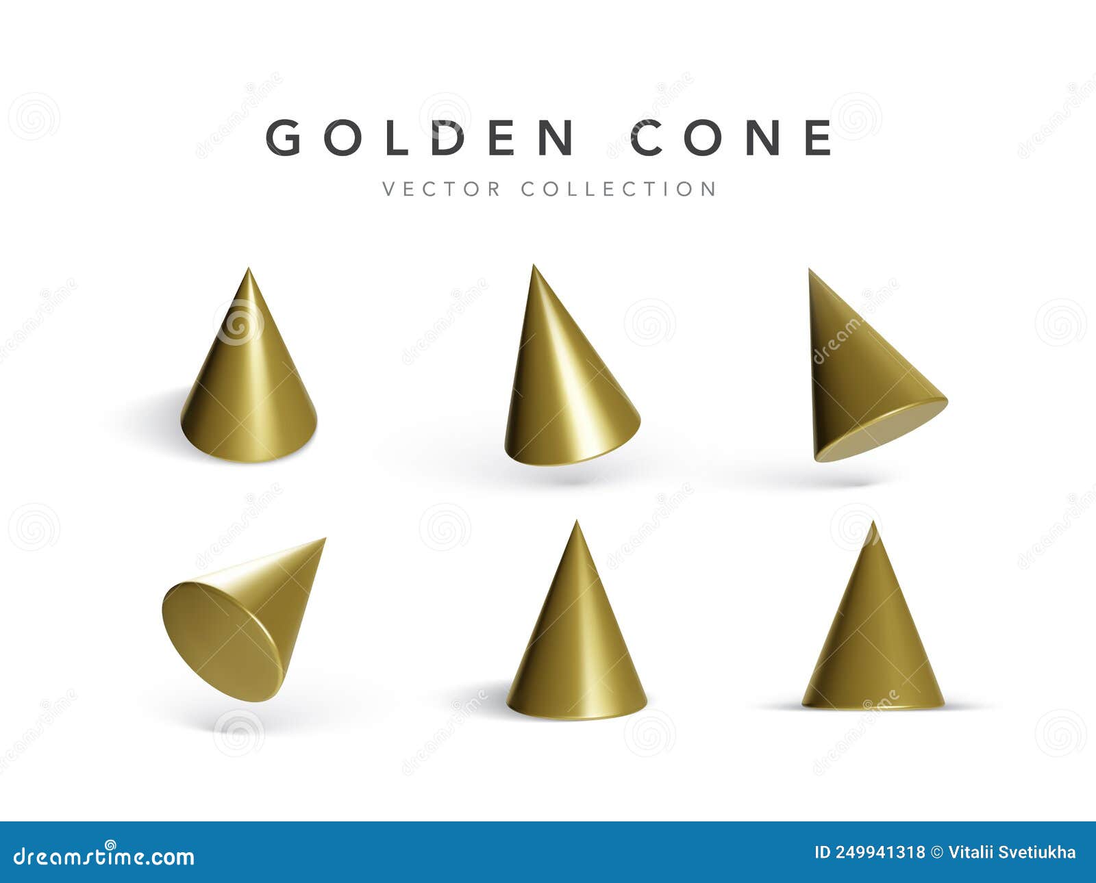 Set of Golden Geometric Cones with Shadow Isolated on White Background ...