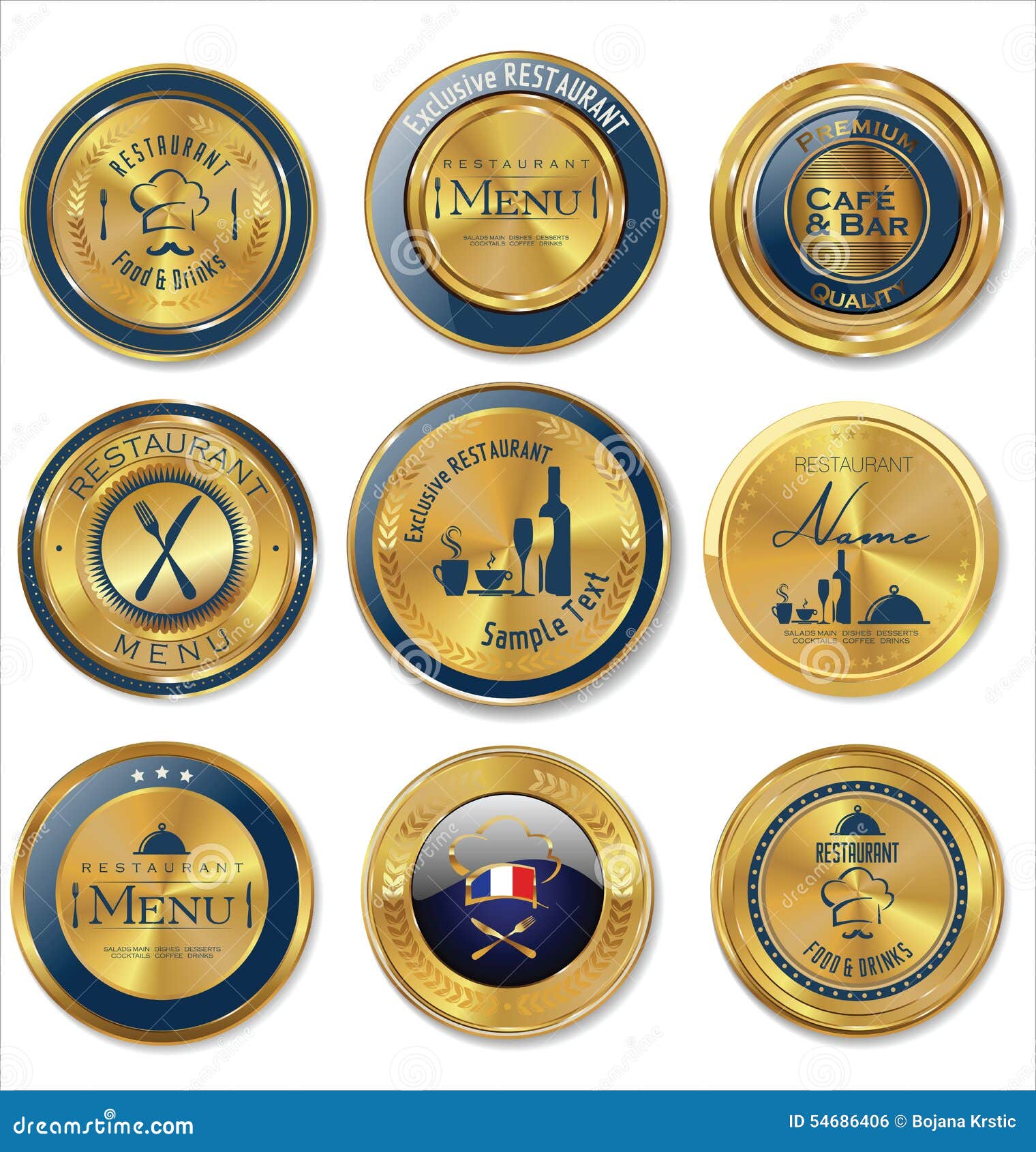 Set of Golden Restaurant Labels Stock Illustration - Illustration of ...