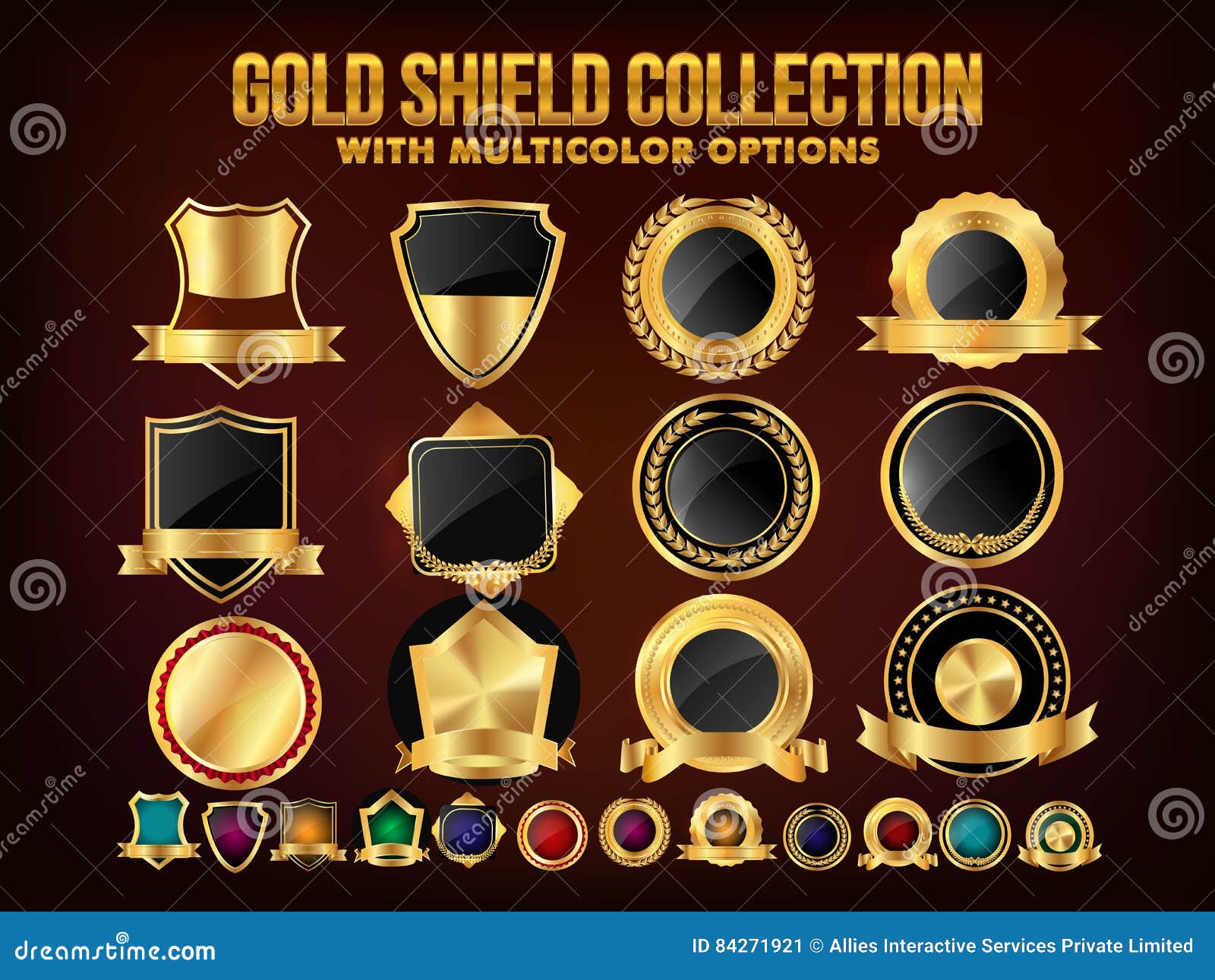 Set of Golden Shield, Stickers, Labels or Ribbons. Stock Illustration ...